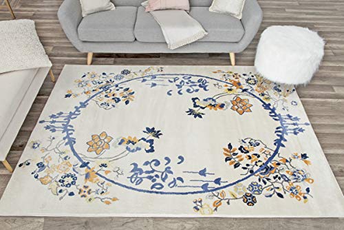 Rugs America Ivory Blue Floral Transitional Rug Gold Magnolia VA20D 2'0"X4'0" Area Rug