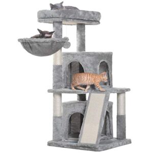 hey-bro 41.34 inches cat tree with scratching board, 2 luxury condos, cat tower with padded plush perch and cozy basket, light gray mpj004w