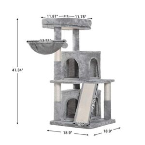 Hey-bro 41.34 inches Cat Tree with Scratching Board, 2 Luxury Condos, Cat Tower with Padded Plush Perch and Cozy Basket, Light Gray MPJ004W