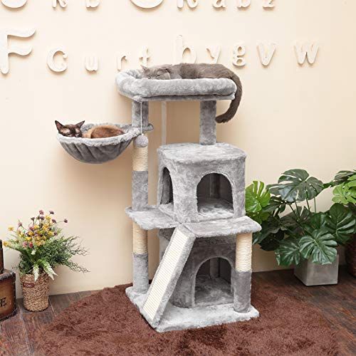 Hey-bro 41.34 inches Cat Tree with Scratching Board, 2 Luxury Condos, Cat Tower with Padded Plush Perch and Cozy Basket, Light Gray MPJ004W