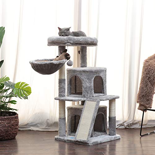 Hey-bro 41.34 inches Cat Tree with Scratching Board, 2 Luxury Condos, Cat Tower with Padded Plush Perch and Cozy Basket, Light Gray MPJ004W