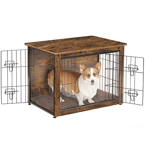 DWANTON Dog Crate Furniture with Cushion, Wooden Dog Crate Table, Double-Doors Dog Furniture, Indoor Dog Kennel, Dog House, Dog Cage Medium, 32.5" L