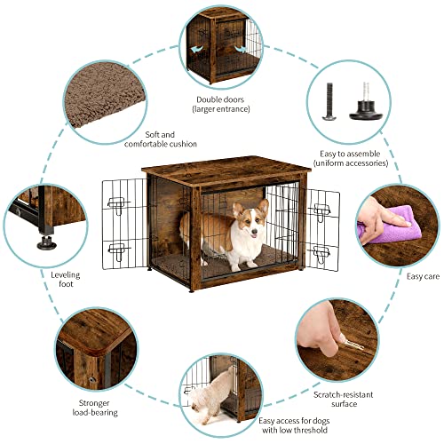 DWANTON Dog Crate Furniture with Cushion, Wooden Dog Crate Table, Double-Doors Dog Furniture, Indoor Dog Kennel, Dog House, Dog Cage Medium, 32.5" L