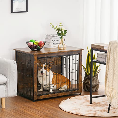 DWANTON Dog Crate Furniture with Cushion, Wooden Dog Crate Table, Double-Doors Dog Furniture, Indoor Dog Kennel, Dog House, Dog Cage Medium, 32.5" L