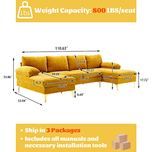 Olela U Shape Sectional Sofa,Modern Large Chenille Fabric Modular Couch,Extra Wide Sofa with Chaise Lounge and Golden Legs for Living Room (Musterd)