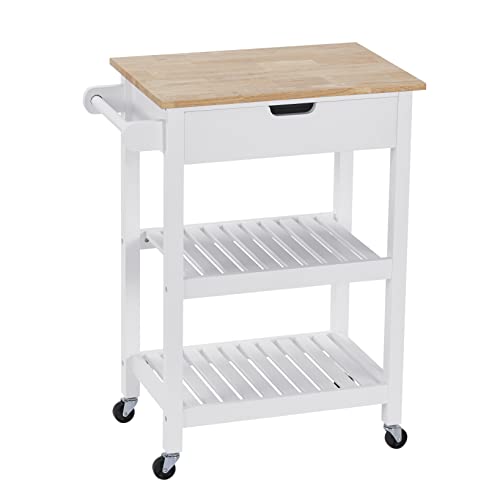 conifferism White Multipurpose Utility Cart,Butcher Block Kitchen Island on Wheels with Drawer, Farmhouse Islands with Storage Shelf for Small Places