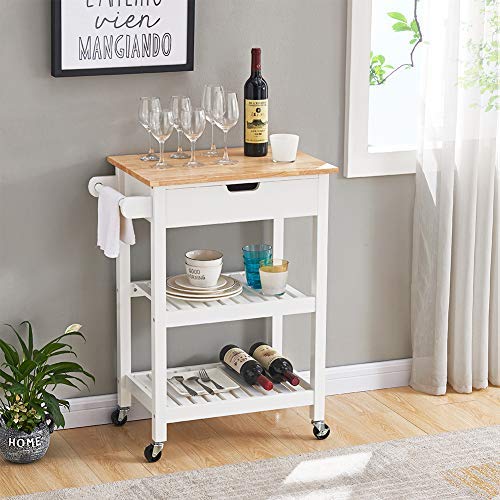 conifferism White Multipurpose Utility Cart,Butcher Block Kitchen Island on Wheels with Drawer, Farmhouse Islands with Storage Shelf for Small Places