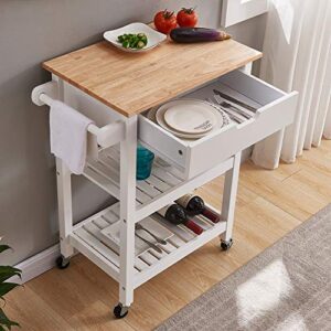 conifferism White Multipurpose Utility Cart,Butcher Block Kitchen Island on Wheels with Drawer, Farmhouse Islands with Storage Shelf for Small Places