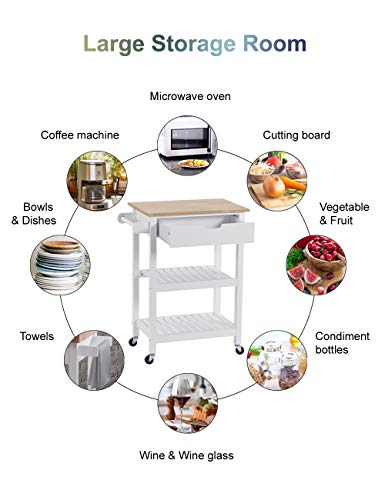 conifferism White Multipurpose Utility Cart,Butcher Block Kitchen Island on Wheels with Drawer, Farmhouse Islands with Storage Shelf for Small Places