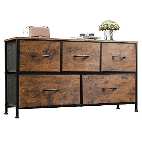 WLIVE Dresser for Bedroom with 5 Drawers, Wide Chest of Drawers, Fabric Dresser, Storage Organizer Unit with Fabric Bins for Closet, Living Room, Hallway, Nursery, Rustic Brown Wood Grain Print