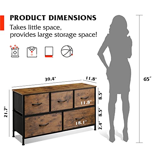 WLIVE Dresser for Bedroom with 5 Drawers, Wide Chest of Drawers, Fabric Dresser, Storage Organizer Unit with Fabric Bins for Closet, Living Room, Hallway, Nursery, Rustic Brown Wood Grain Print