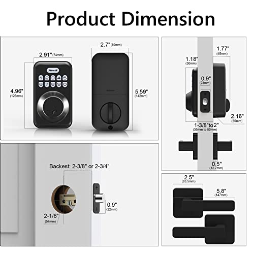 Keyless Entry Door Lock with 2 Handles, Zowill Electronic Keypad Deadbolt, Auto-Locking, Anti-Peeping Password, Digital Smart Code Door Lock, Front Door Handle Sets, Matte Black