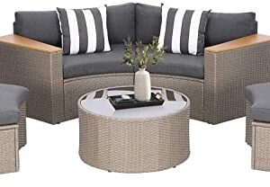 SOLAURA 5-Piece Patio Sectional Furniture Set Half-Moon Patio Set Grey Wicker Curved Outdoor Sofa with Grey Cushions & Round Glass Coffee Table (Pillow Included)