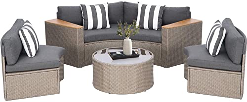 SOLAURA 5-Piece Patio Sectional Furniture Set Half-Moon Patio Set Grey Wicker Curved Outdoor Sofa with Grey Cushions & Round Glass Coffee Table (Pillow Included)