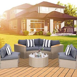 SOLAURA 5-Piece Patio Sectional Furniture Set Half-Moon Patio Set Grey Wicker Curved Outdoor Sofa with Grey Cushions & Round Glass Coffee Table (Pillow Included)