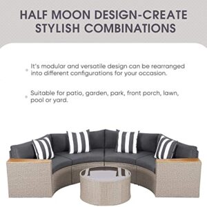 SOLAURA 5-Piece Patio Sectional Furniture Set Half-Moon Patio Set Grey Wicker Curved Outdoor Sofa with Grey Cushions & Round Glass Coffee Table (Pillow Included)