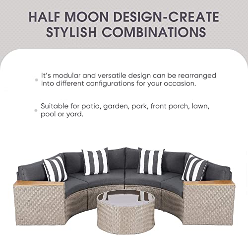 SOLAURA 5-Piece Patio Sectional Furniture Set Half-Moon Patio Set Grey Wicker Curved Outdoor Sofa with Grey Cushions & Round Glass Coffee Table (Pillow Included)