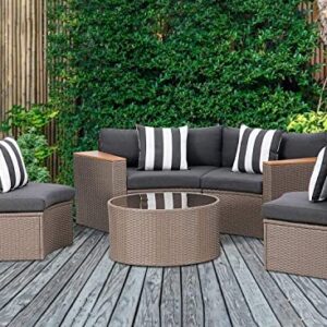 SOLAURA 5-Piece Patio Sectional Furniture Set Half-Moon Patio Set Grey Wicker Curved Outdoor Sofa with Grey Cushions & Round Glass Coffee Table (Pillow Included)