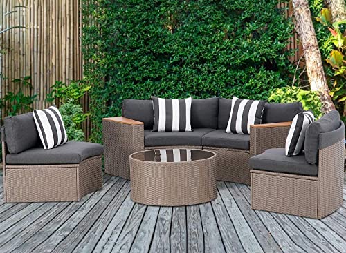 SOLAURA 5-Piece Patio Sectional Furniture Set Half-Moon Patio Set Grey Wicker Curved Outdoor Sofa with Grey Cushions & Round Glass Coffee Table (Pillow Included)