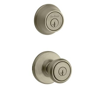 kwikset 690t 5 smt 6al rcs 690 tylo keyed entry knob and single cylinder deadbolt comob pack, antique brass