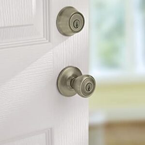 Kwikset 690T 5 SMT 6AL RCS 690 Tylo Keyed Entry Knob and Single Cylinder Deadbolt Comob Pack, Antique Brass