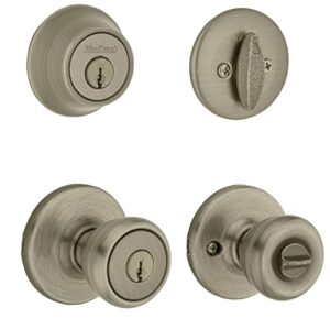 Kwikset 690T 5 SMT 6AL RCS 690 Tylo Keyed Entry Knob and Single Cylinder Deadbolt Comob Pack, Antique Brass