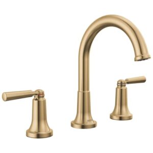 delta faucet saylor gold widespread bathroom faucet 3 hole, gold bathroom faucets, bathroom sink faucet with diamond seal technology, metal drain assembly, champagne bronze 3535-czmpu-dst