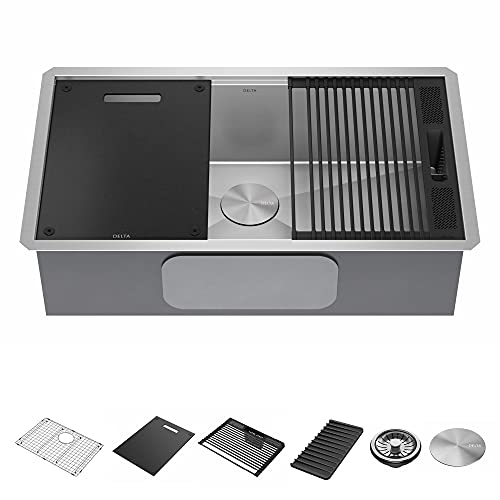 DELTA Rivet 32-Inch Workstation Kitchen Sink Undermount 16 Gauge Stainless Steel Single Bowl with WorkFlow Ledge and Chef’s Kit of 6 Accessories, 95B931-32S-SS