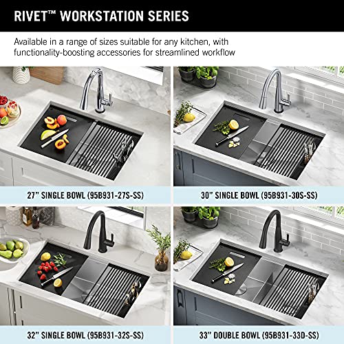 DELTA Rivet 32-Inch Workstation Kitchen Sink Undermount 16 Gauge Stainless Steel Single Bowl with WorkFlow Ledge and Chef’s Kit of 6 Accessories, 95B931-32S-SS