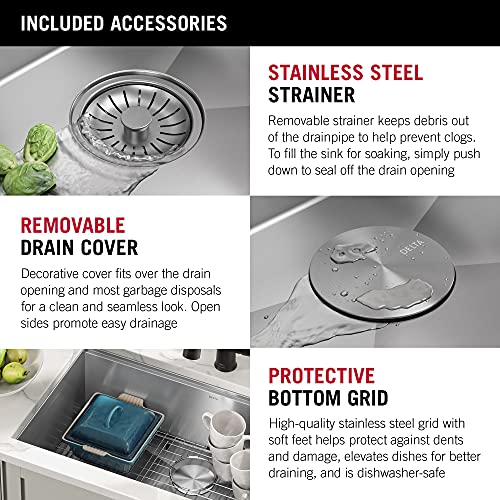 DELTA Rivet 32-Inch Workstation Kitchen Sink Undermount 16 Gauge Stainless Steel Single Bowl with WorkFlow Ledge and Chef’s Kit of 6 Accessories, 95B931-32S-SS