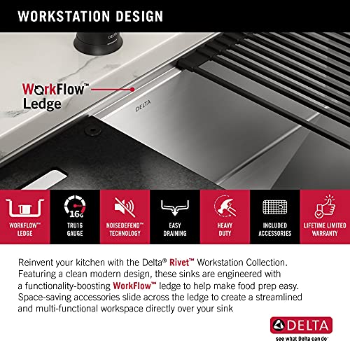 DELTA Rivet 32-Inch Workstation Kitchen Sink Undermount 16 Gauge Stainless Steel Single Bowl with WorkFlow Ledge and Chef’s Kit of 6 Accessories, 95B931-32S-SS