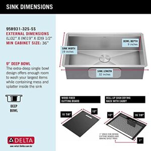 DELTA Rivet 32-Inch Workstation Kitchen Sink Undermount 16 Gauge Stainless Steel Single Bowl with WorkFlow Ledge and Chef’s Kit of 6 Accessories, 95B931-32S-SS