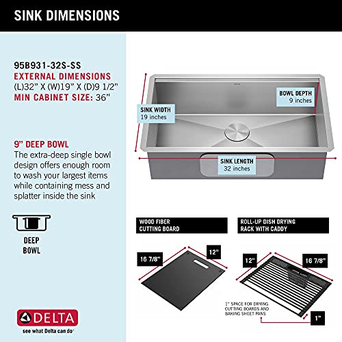 DELTA Rivet 32-Inch Workstation Kitchen Sink Undermount 16 Gauge Stainless Steel Single Bowl with WorkFlow Ledge and Chef’s Kit of 6 Accessories, 95B931-32S-SS