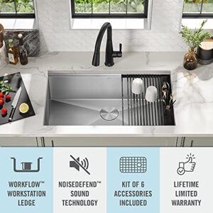 DELTA Rivet 32-Inch Workstation Kitchen Sink Undermount 16 Gauge Stainless Steel Single Bowl with WorkFlow Ledge and Chef’s Kit of 6 Accessories, 95B931-32S-SS