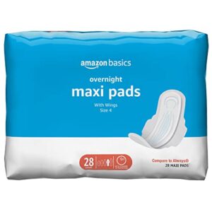 amazon basics thick maxi pads with flexi-wings for periods, overnight absorbency, unscented, size 4, 28 count, 1 pack (previously solimo)