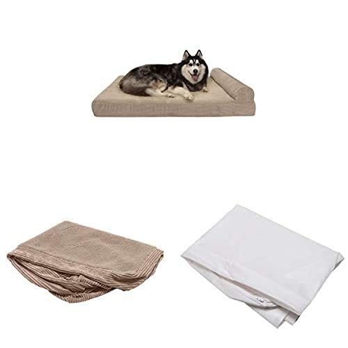 Furhaven Pet Bundle - Jumbo Plus Sandstone Cooling Gel Memory Foam Fleece & Corduroy Chaise Lounge, Extra Dog Bed Cover, & Water-Resistant Mattress Liner for Dogs & Cats