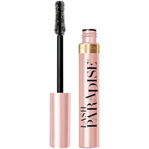 l’oreal paris voluminous makeup lash paradise mascara, voluptuous volume, intense length, feathery soft full lashes, no flaking, no smudging, no clumping, blackest black, 1 count