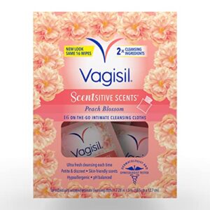 vagisil scentsitive scents on-the-go feminine cleansing wipes, ph balanced, peach blossom, individually wrapped, 16 count (pack of 1)