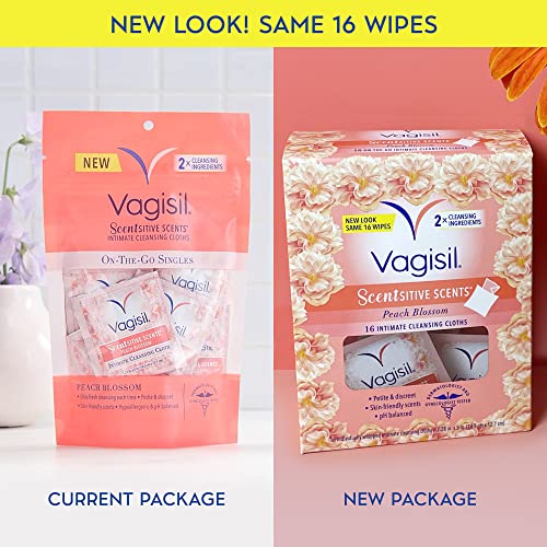 Vagisil Scentsitive Scents On-The-Go Feminine Cleansing Wipes, pH Balanced, Peach Blossom, Individually Wrapped, 16 Count (Pack of 1)