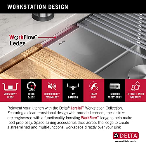 DELTA 95B932-32S-SS Lorelai Workstation Kitchen Sink Undermount Stainless Steel Single Bowl with WorkFlow Ledge and Chef’s Kit of 6 Accessories