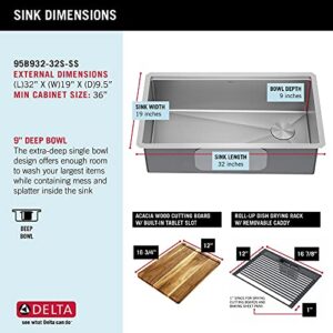 DELTA 95B932-32S-SS Lorelai Workstation Kitchen Sink Undermount Stainless Steel Single Bowl with WorkFlow Ledge and Chef’s Kit of 6 Accessories