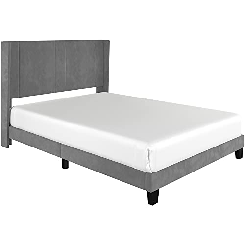 YITAHOME Upholstered Wingback Platform Bed with Headboard, Bed Frame with Wood Slat, No Box Spring Needed, Mattress Foundation (Queen), Grey