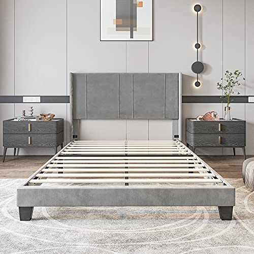 YITAHOME Upholstered Wingback Platform Bed with Headboard, Bed Frame with Wood Slat, No Box Spring Needed, Mattress Foundation (Queen), Grey