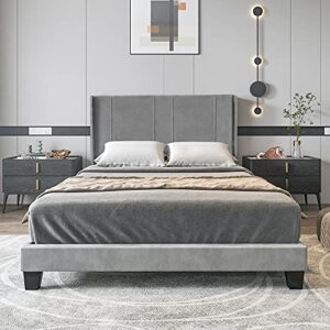 YITAHOME Upholstered Wingback Platform Bed with Headboard, Bed Frame with Wood Slat, No Box Spring Needed, Mattress Foundation (Queen), Grey