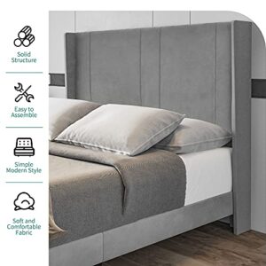 YITAHOME Upholstered Wingback Platform Bed with Headboard, Bed Frame with Wood Slat, No Box Spring Needed, Mattress Foundation (Queen), Grey