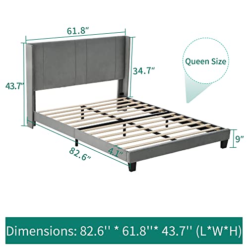 YITAHOME Upholstered Wingback Platform Bed with Headboard, Bed Frame with Wood Slat, No Box Spring Needed, Mattress Foundation (Queen), Grey