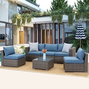 wisteria lane 6 piece outdoor patio furniture sets, outdoor sectional furniture with tempered glass table and cushion, wicker patio conversation sets for garden backyard, blue