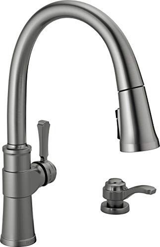 Delta Faucet Spargo Black Stainless Kitchen Faucet, Kitchen Faucets with Pull Down Sprayer, Kitchen Sink Faucet, Faucet for Kitchen Sink, Soap Dispenser, Black Stainless 19964Z-KSSD-DST