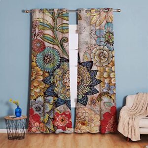 xiongfeng floral curtains blackout boho vintage window panels room darkening flowers print curtain drapes with grommet thermal insulated for living room dining room bedroom, 52″ × 84″ , 2 panels