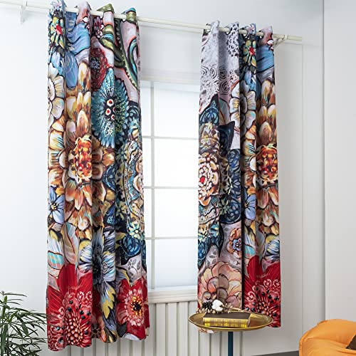 Xiongfeng Floral Curtains Blackout Boho Vintage Window Panels Room Darkening Flowers Print Curtain Drapes with Grommet Thermal Insulated for Living Room Dining Room Bedroom, 52" × 84" , 2 Panels